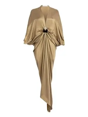 Silvia Tcherassi Foire" Gathered Crepe Tunic With Oval Stone Detail - Khaki
