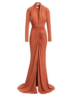 Elie Saab Ruched Jersey Maxi Dress - Orange