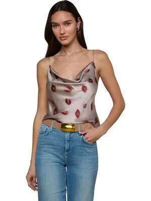 L'Agence Calista Kiss Print Satin Camisole - Taupe/dark Red Faded Kiss