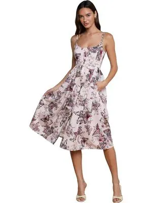 L'Agence Reanne Linen Blend Midi Dress - Light Nectar Pink Multi Large Butterfly Jungle