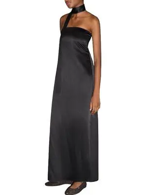 Mango Satin Halter Maxi Dress - Black