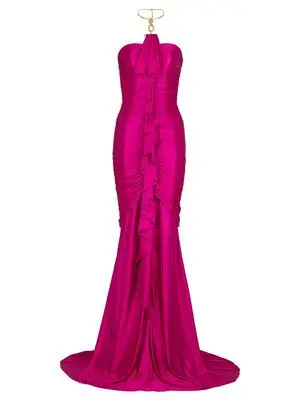 Balmain Long Draped Bustier Dress With Embellished Detail - Pink