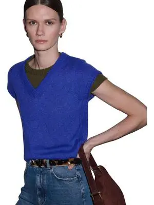 ME+EM Merino Cashmere Silk V-neck Tee - Deep Blue