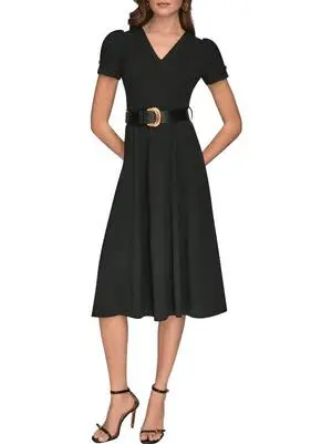 Donna Karan New York Belted Puff Sleeve Midi Dress - Black
