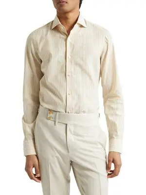 Isaia Stripe Cotton & Linen Button-up Shirt - White/yellow