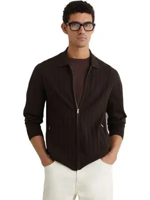 REISS Marsh Wide-rib Zip-through Cardigan - Chocolate Brown