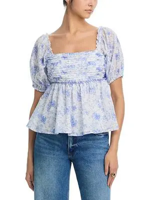 Aqua Floral Puff Sleeve Top - White/blue