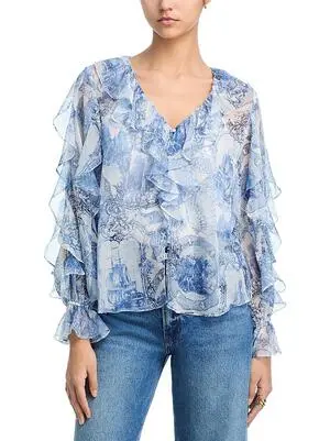 Aqua Seashell Toile Ruffle Long Sleeve Top With Camisole - White/navy