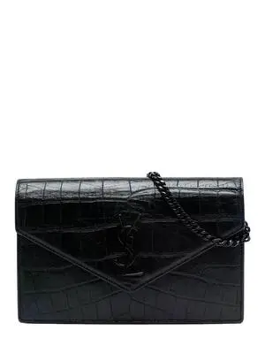 Saint Laurent Croc Embossed Leather Monogram Chain Wallet - Black