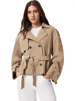 ALLSAINTS Reed Cropped Suede Trench Coat - Taupe Brown