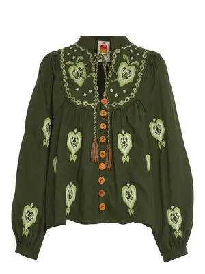 Farm Rio Embroidered Puff Sleeve Shirt - Green