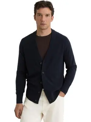 REISS Fairclough Merino Wool V-neck Cardigan - Navy