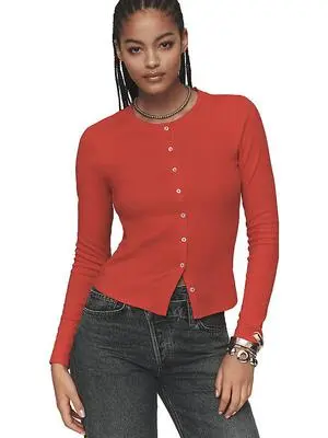 Maeve Cotton Blend Fitted Knit Cardigan Top - Red