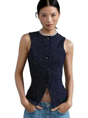 Maeve Tweed Button-front Vest Top - Beacon Blue