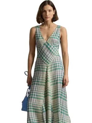 Ralph Lauren Plaid Paneled Midi Dress - Blue Light Mauve Plaid