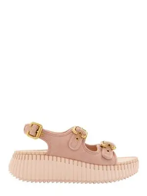Chloé Whipstitched Suede Wedge Sandals - Rose