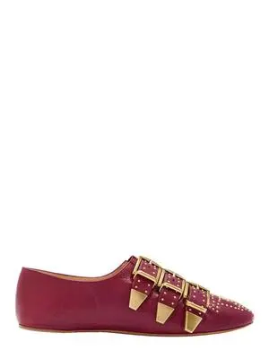 Chloé Susan Stud-embellished Grained Leather Flats - Burgundy