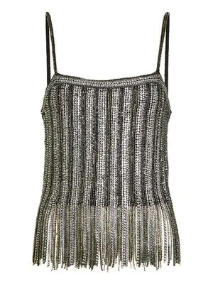Alice + Olivia Embellished Fringed Stretch-mesh Top - Black