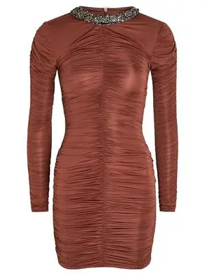 THE NEW ARRIVALS ILKYAZ OZEL Ross Embellished Ruched Mini Dress - Brown