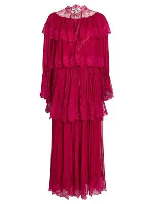 Chloé Lace-trim Tiered Silk Maxi Dress - Pink