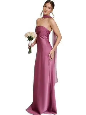 SIX STORIES Chiffon Bandeau Satin Maxi Dress - Plum