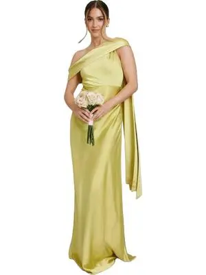 SIX STORIES One Shoulder Drape Gown - Chartreuse