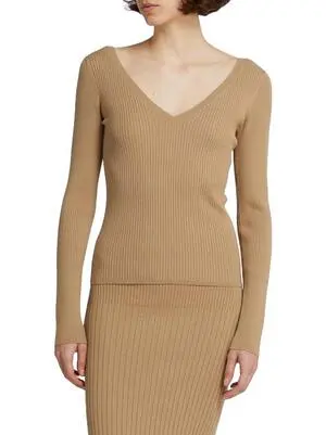 MM BY MAX MARA Salice Ribbed V-neck Sweater - Beige