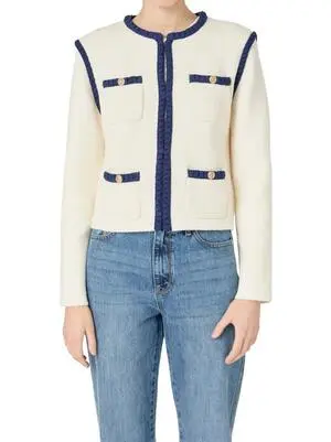 Endless Rose Braided Trim Knit Jacket - Cream/black