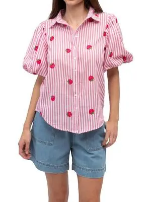 LABEL OF LOVE Strawberry Embroidered Short Sleeve Shirt - Pink