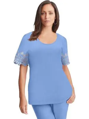 JESSICA LONDON Eyelet Scoop-Neck Tee Blue
