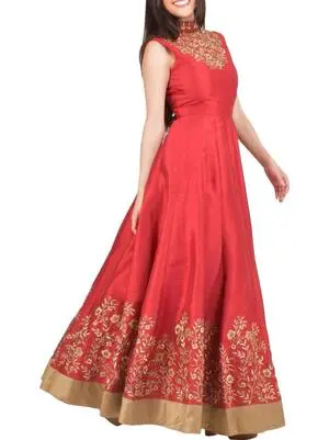 RAAS Embroidered Silk High Neck Gown With Net Drape - Red