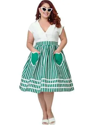 Unique Vintage Swing Skirt With Front Pockets - Green & White Stripe
