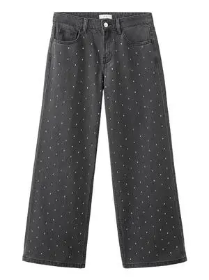 Mango Rhinestone Detail Straight Leg Jeans - Black Denim