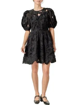 English Factory Flower Detail Puff Sleeve Dress - Black