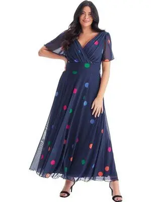 SCARLETT & JO Isabelle Polka Dot Angel Sleeve Maxi Dress - Navy Polka