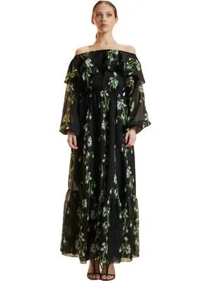 Cynthia Rowley Off-shoulder Floral Maxi Dress - Black Vine Floral