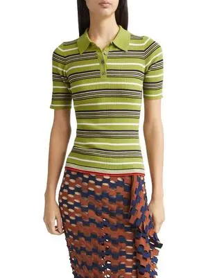 ZANKOV Janis Stripe Wool Rib Polo - Aloe