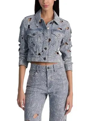 Alice + Olivia Embroidered Denim Cropped Jacket - Rockstar Blue