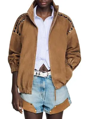 Sandro Studded Suede Jacket - Camel