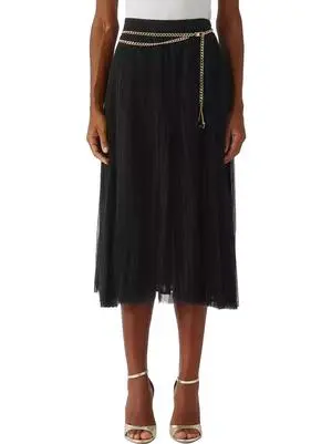 Elisabetta Franchi Pleated Tulle Skirt With Chain Belt - Black