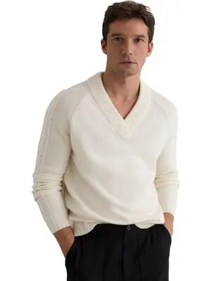 REISS Hawthorne Wool-blend Rib-detail V-neck Jumper - White
