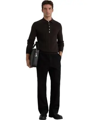 REISS Wide-ribbed Half-button Polo Jumper - Chocolate Brown