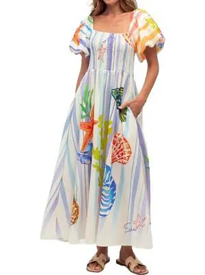 LABEL OF LOVE Ocean Print Puff Sleeve Maxi Dress - Blue