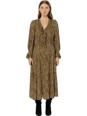 Gerard Darel Lyza Ruffled V-neck Midi Dress - Brown