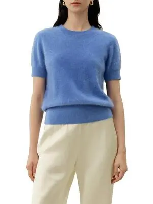 Lilysilk Brushed Cashmere Short Sleeve Sweater - Ocean Blue