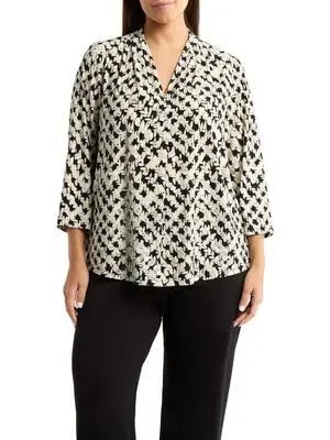 Anne Klein Printed Pleat Three-quarter Sleeve Top - Anne Black/beige Multi