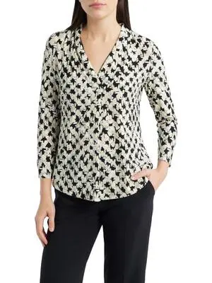 Anne Klein Printed Pleat Three-quarter Sleeve Top - Anne Black Multi