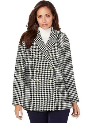 JESSICA LONDON Double Breasted Wool Blazer - Ivory Mini Houndstooth