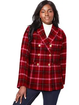 JESSICA LONDON Double Breasted Wool Blazer - Rich Burgundy Shadow Plaid
