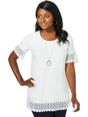 JESSICA LONDON Stretch Cotton Tunic With Crochet Trim - White